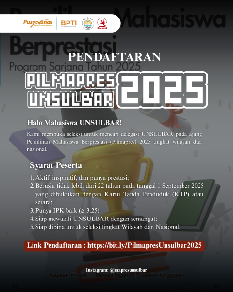 Pamplet Pendaftaran Pilmapres Unsulbar 2025 | Media Online Terdepan